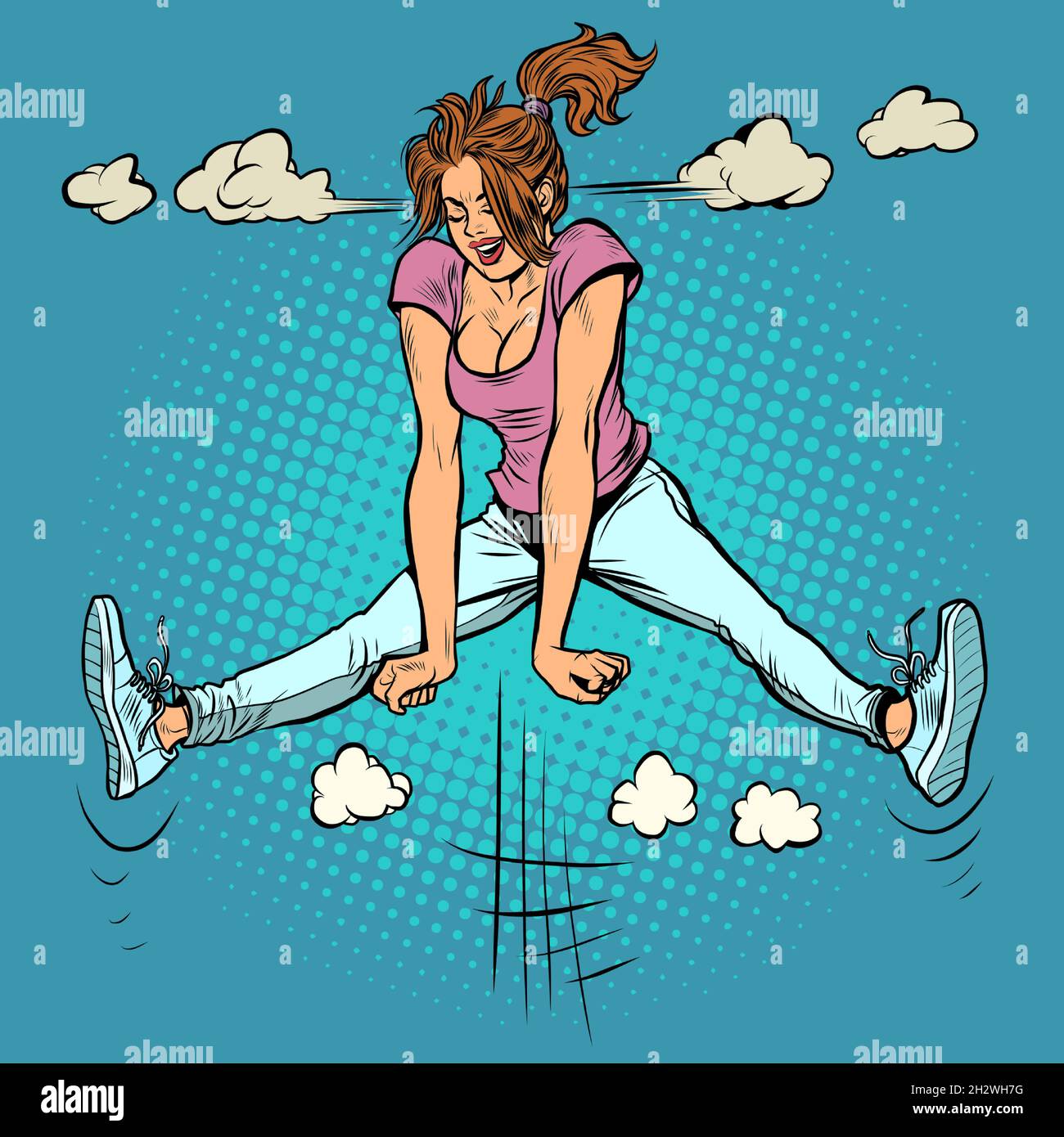 Die Frau sprang auf, Comic-Cartoon energische Pose, Dampf aus den Ohren ...