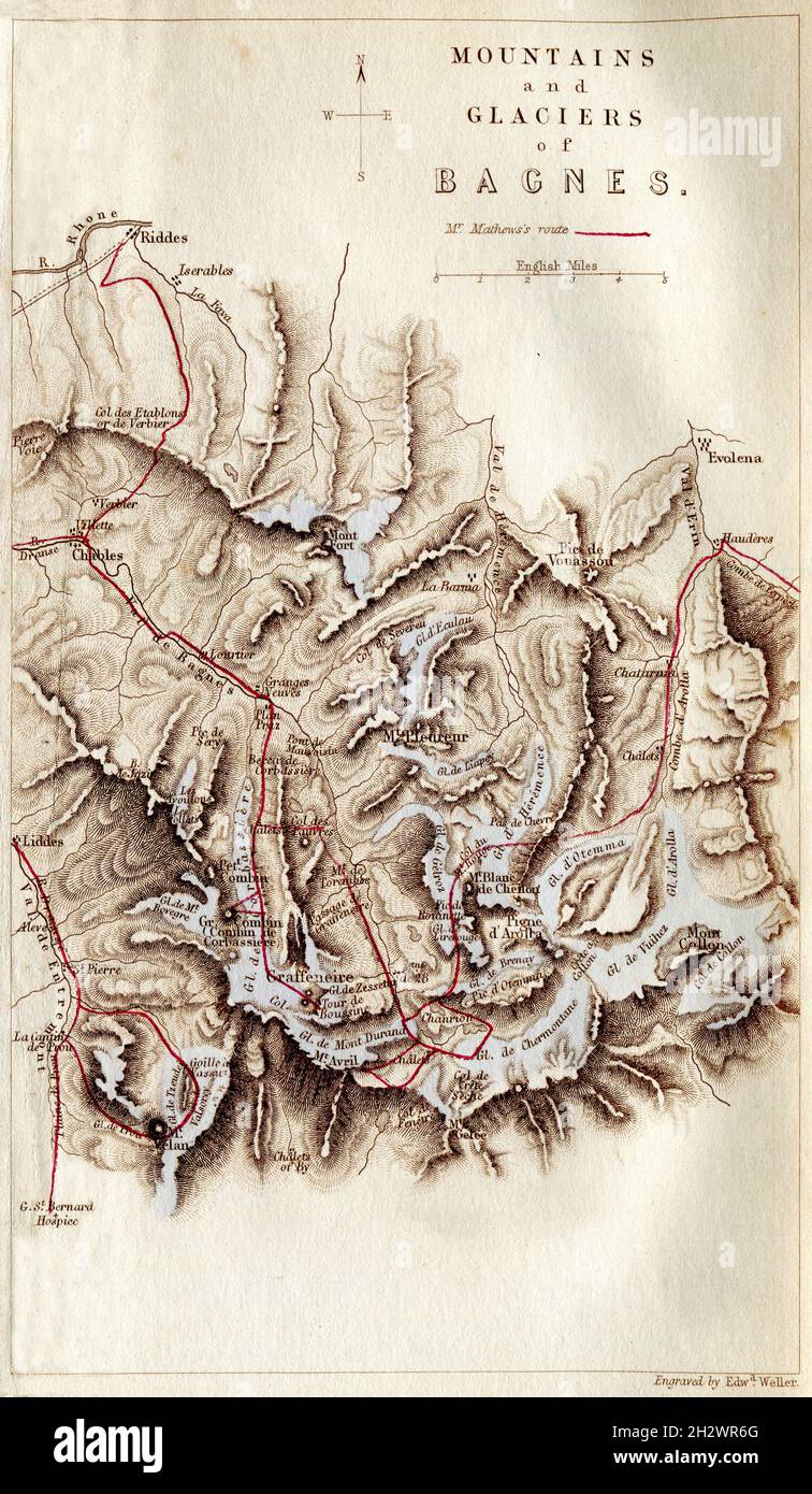 Eine Karte aus dem Jahr 1859 mit dem Titel „Berge und Gletscher von Bagnes“. Bagnes liegt im ...