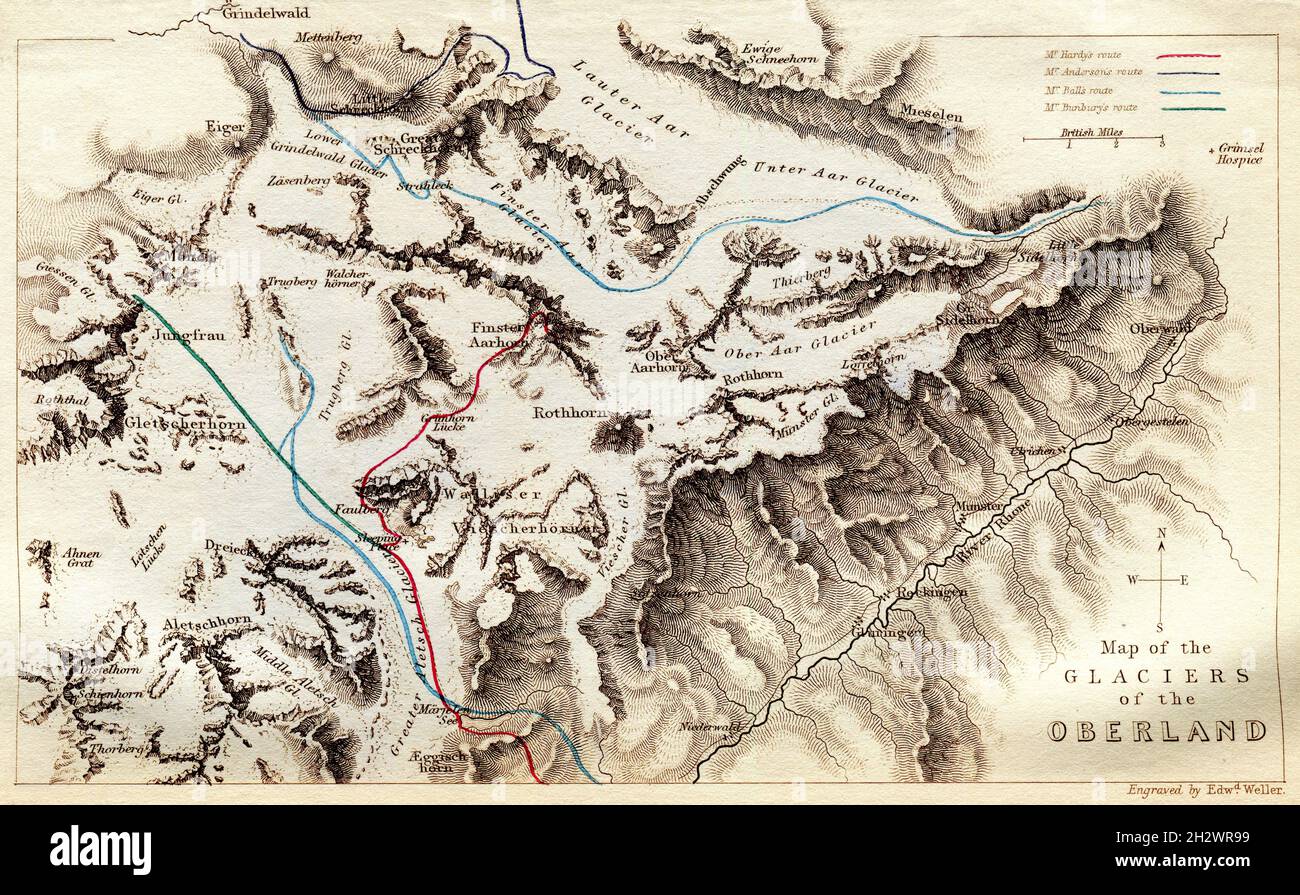 Eine Karte aus dem Jahr 1859 mit dem Titel „Karte der Gletscher des Oberlandes“. Die Karte zeigt ...