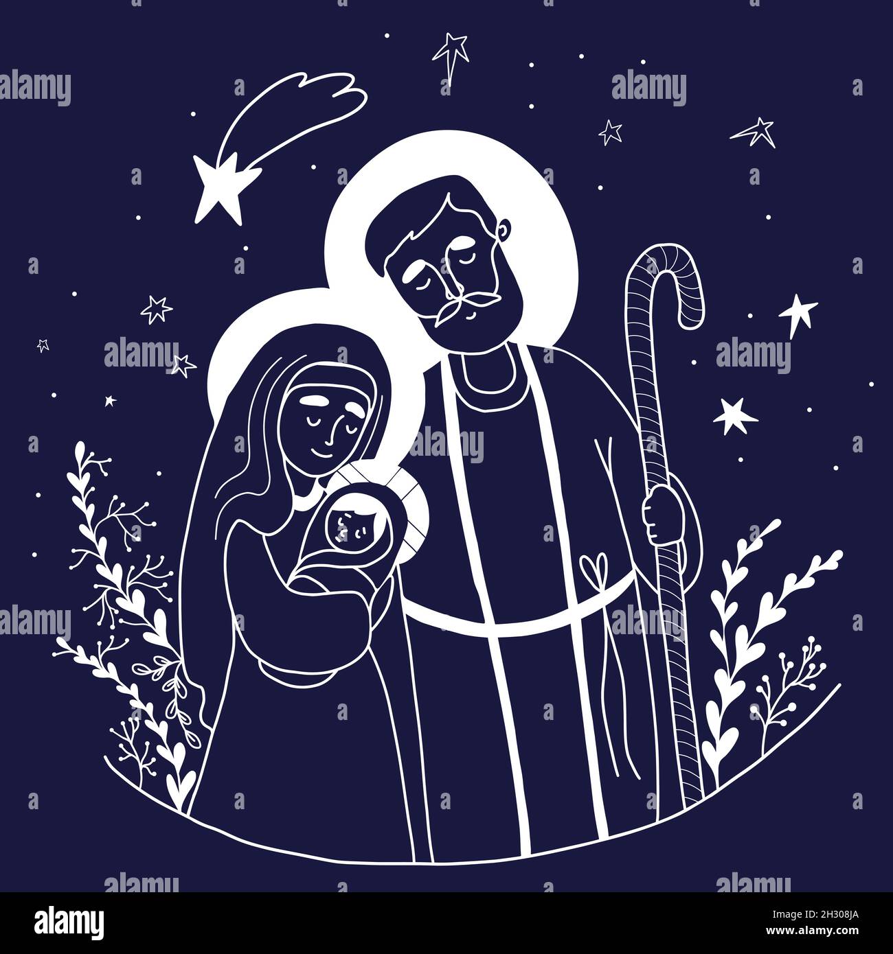 Heilige Familie Jungfrau Maria, alter Mann Joseph und Jesuskind. Geburt Jesu Christi. Vektor ...