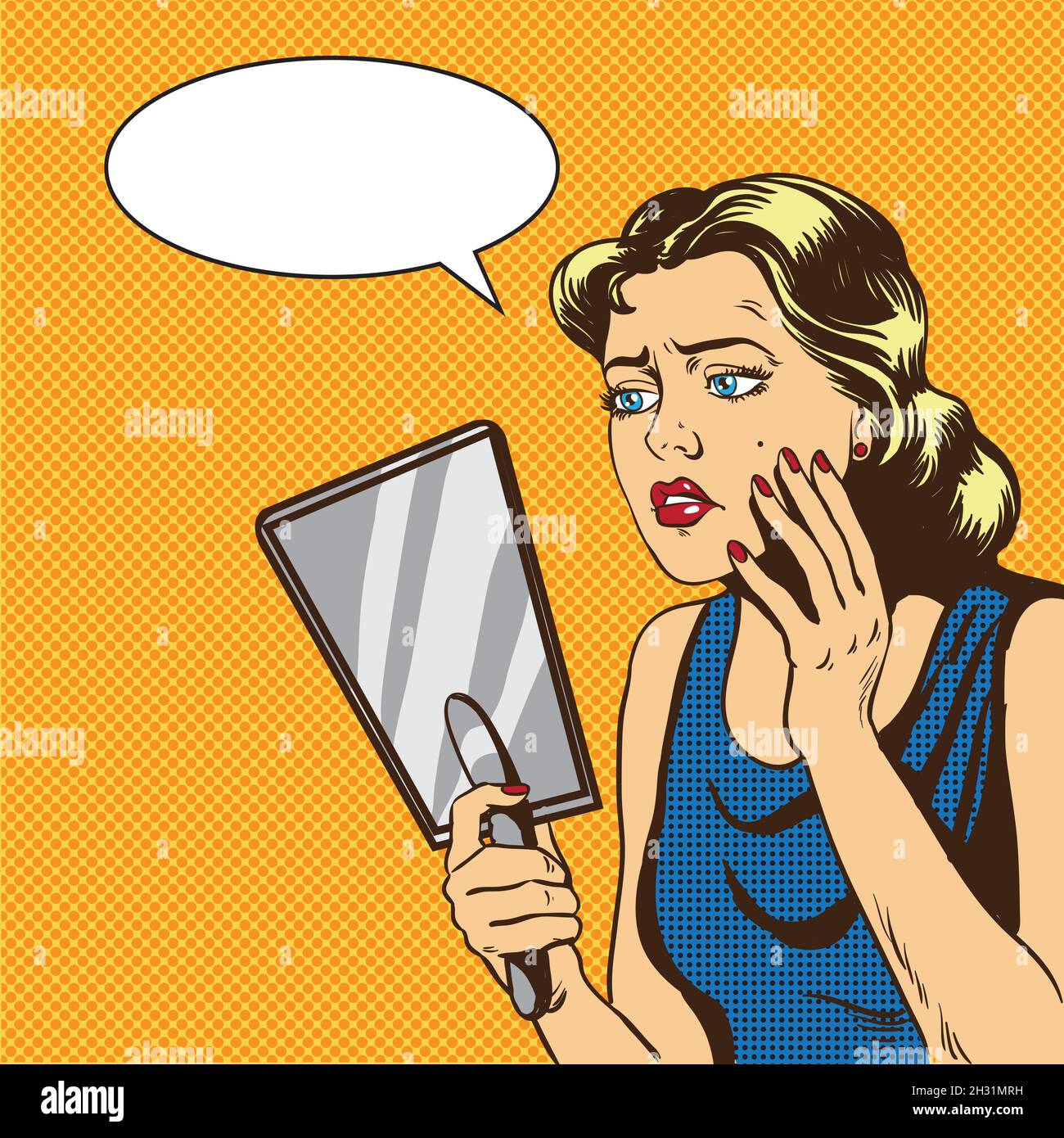 Frau sieht sich die Spiegelvektor-Illustration im Retro-Comic-Pop-Art ...