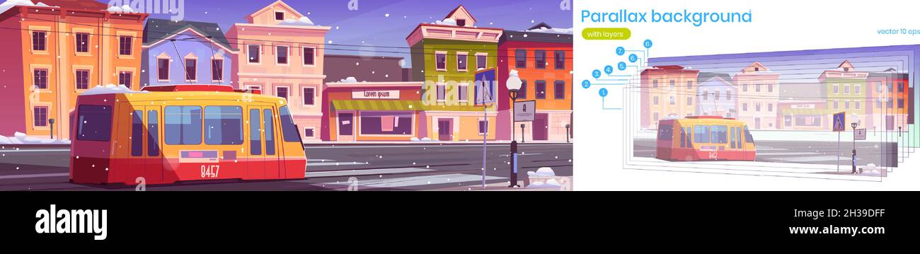 Stadtstraße mit Häusern, Straßenbahn und leerer Straße mit ...