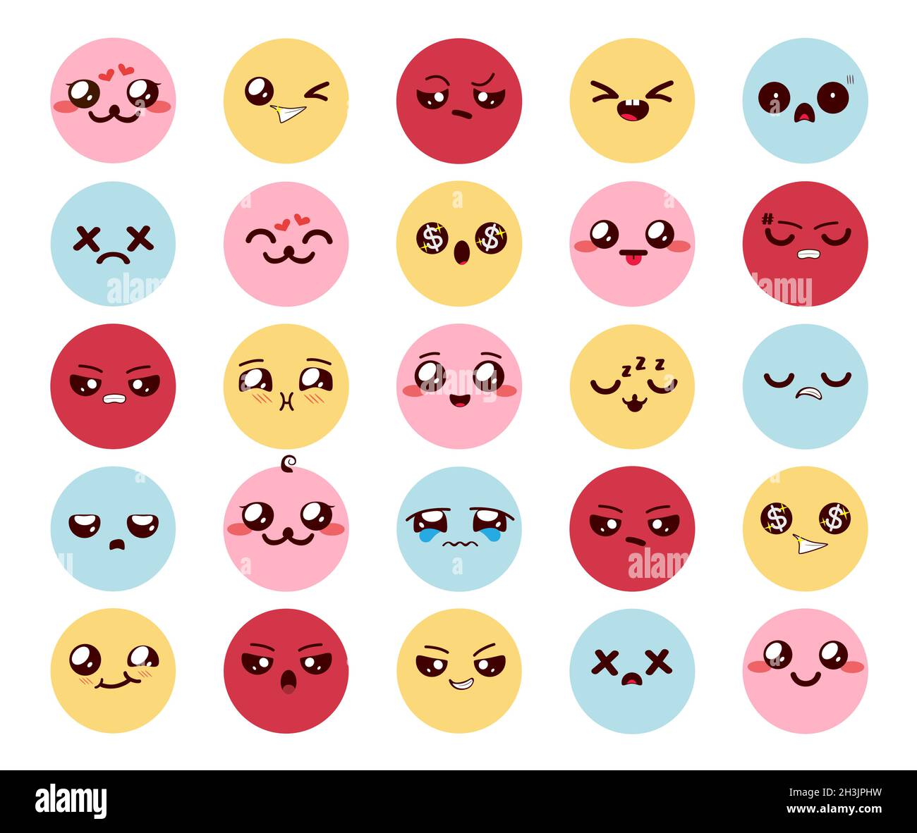 Smileys Kawaii Zeichen Vektor Set Emoticon Niedlichen Cartoon Emojis