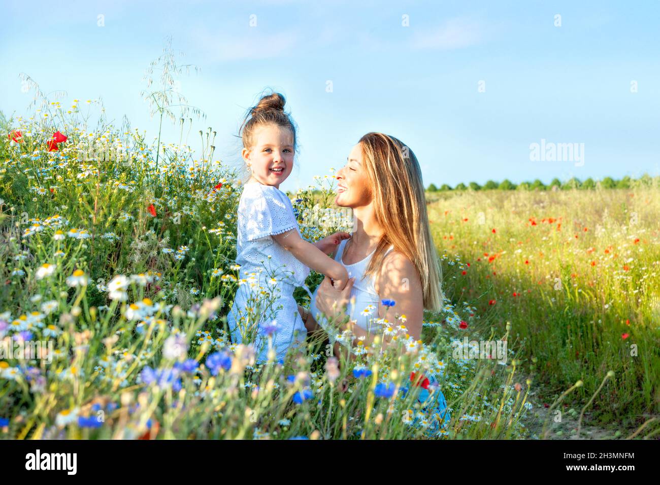 Mama und ihre hübsche kleine Tochter auf einer Sommerwiese ...