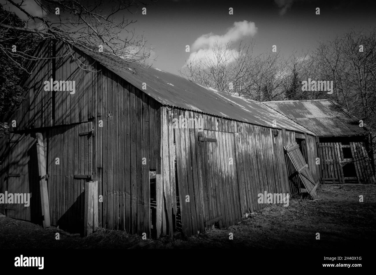 Rustikaler Holzscheune mit Wellblechdach in schwarz und weiß ...