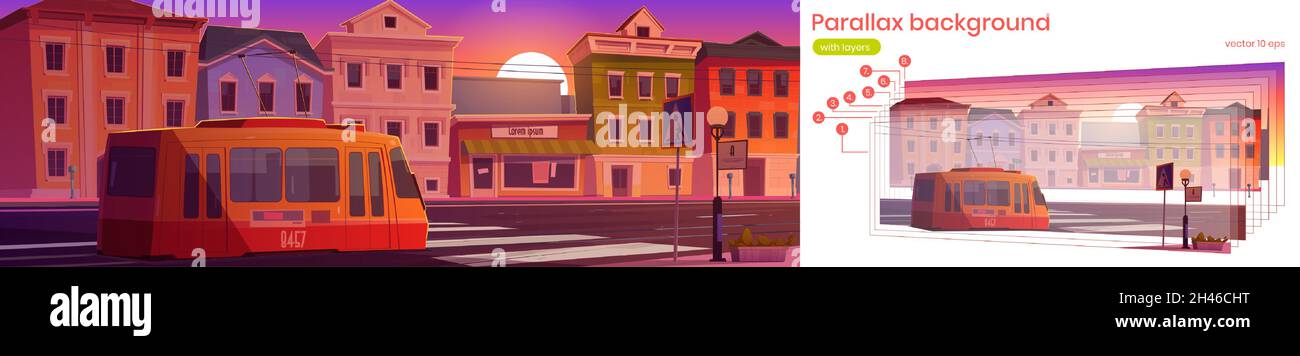 Stadtstraße mit Häusern, Straßenbahn und leerer Straße mit ...