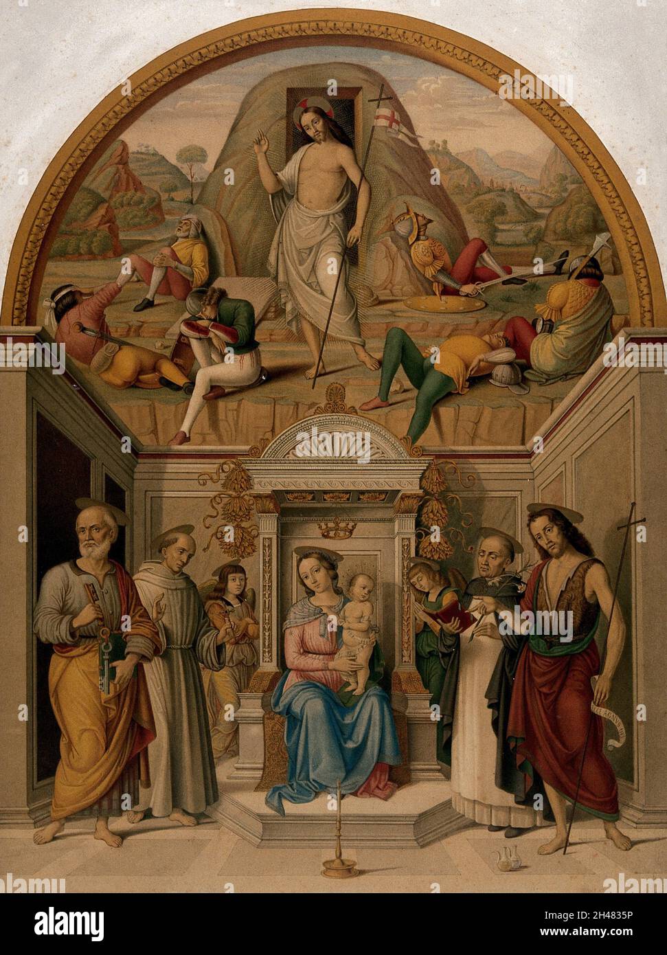 Die Jungfrau mit Christkind thront mit den Heiligen Petrus, Franziskus, Dominikus und Johannes ...