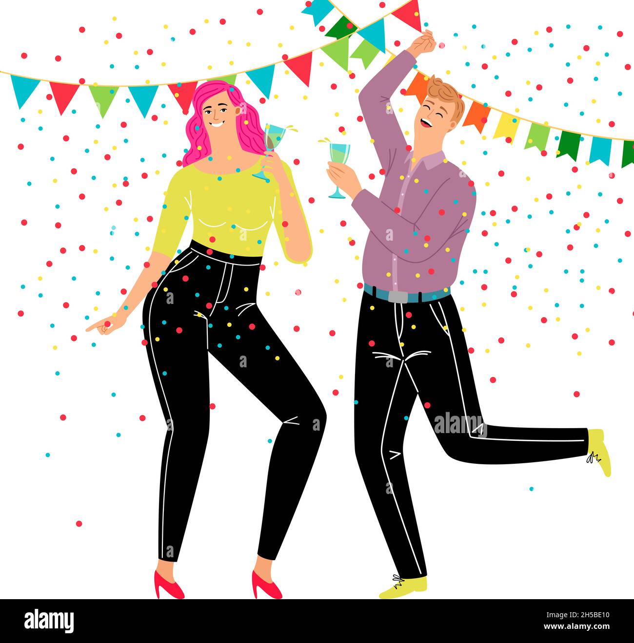 Tanzparty für Paare. Cartoon glückliche Personen feiern in trendigen ...