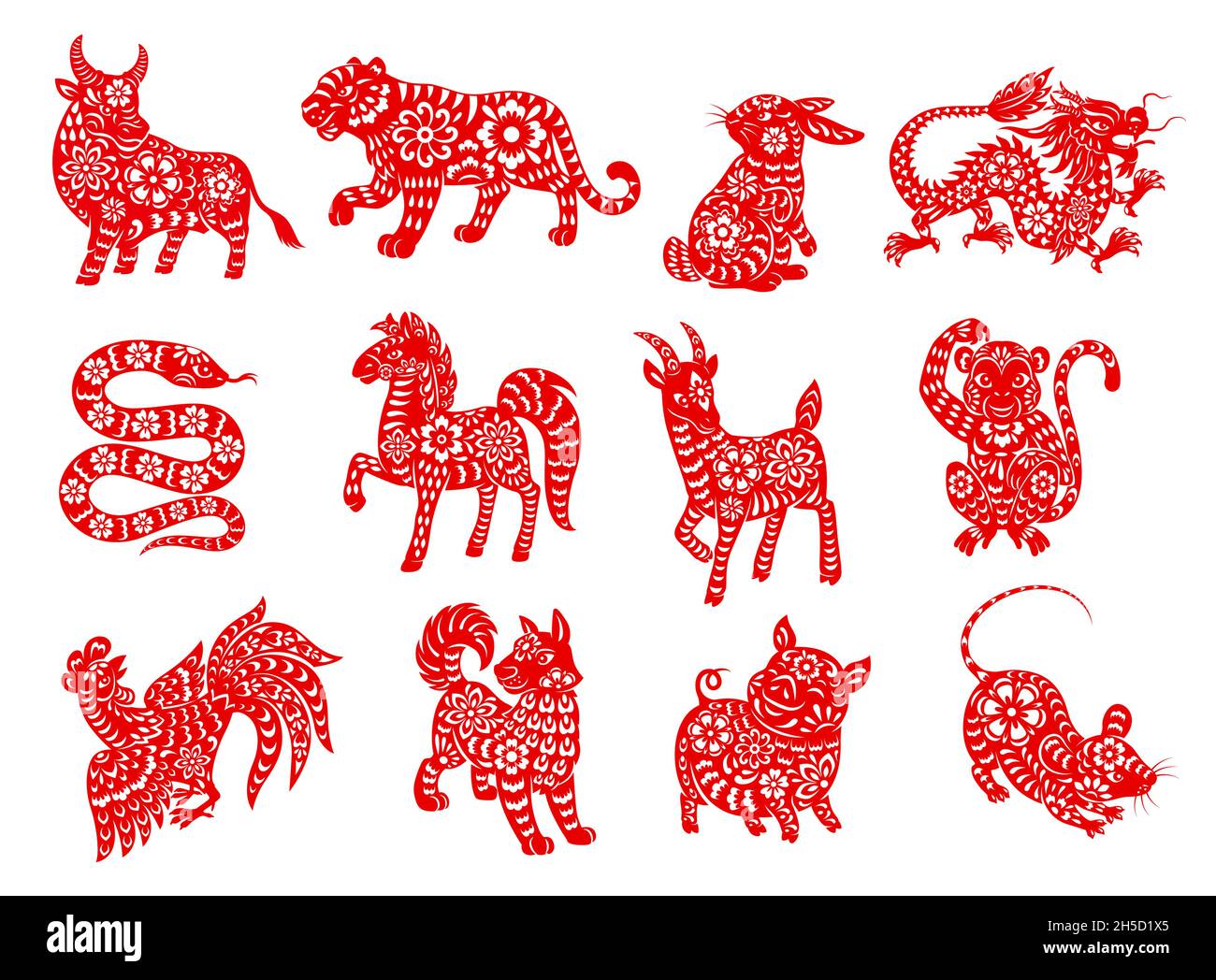 Chinesische Sternzeichen Horoskop Tiere, rote Papercut-Zeichen und ...