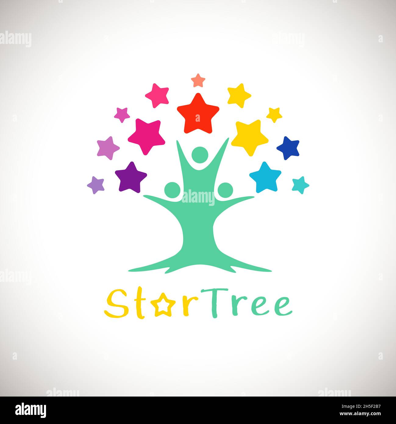 Menschen- und Sternbaum-Logo-Konzept. Lehrer und Kinder mit bunten ...