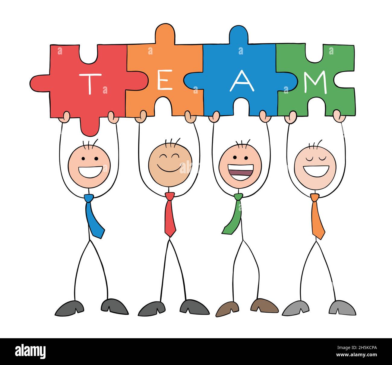 Teamarbeit, vier stickmen Geschäftsleute halten verbundenen Team Puzzle ...