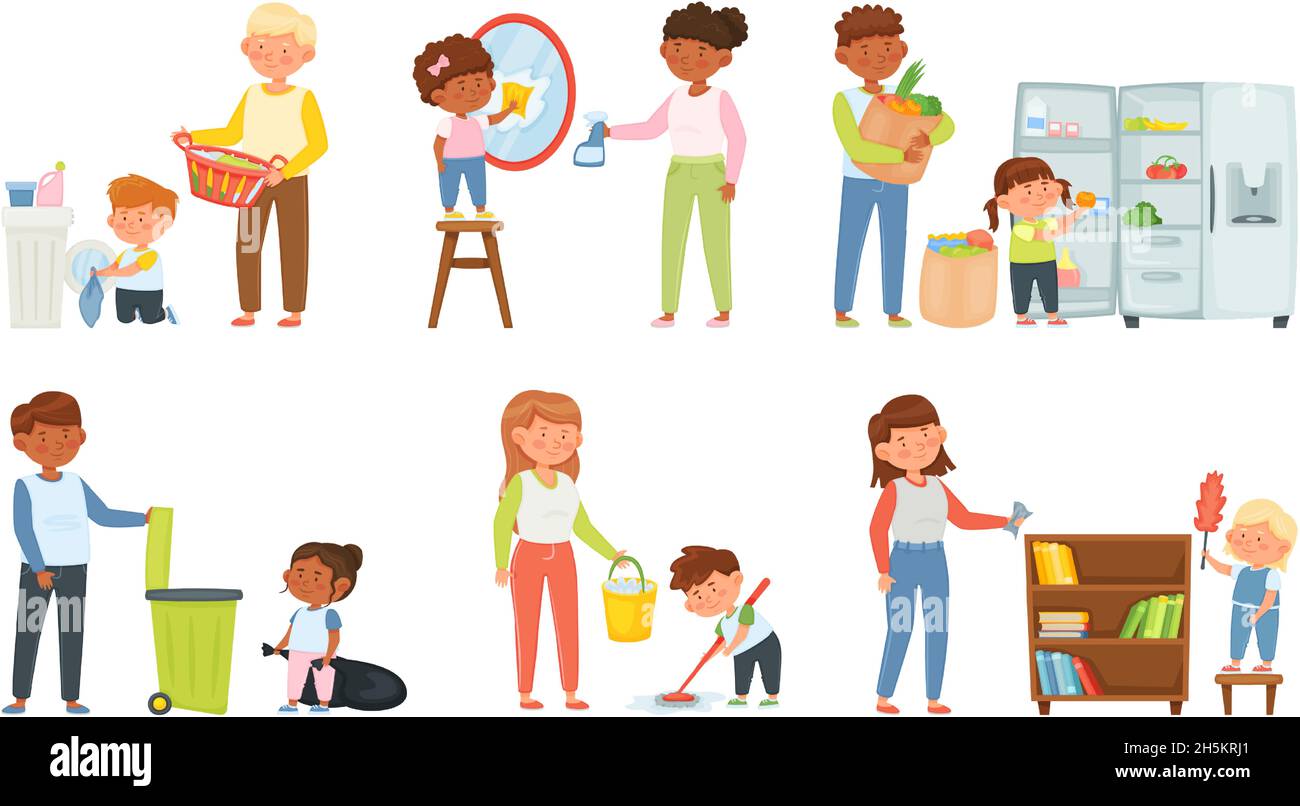 Cartoon Kinder helfen bei der Hausarbeit, Eltern mit Kindern Hausreinigung. Familie, die Wäsche ...
