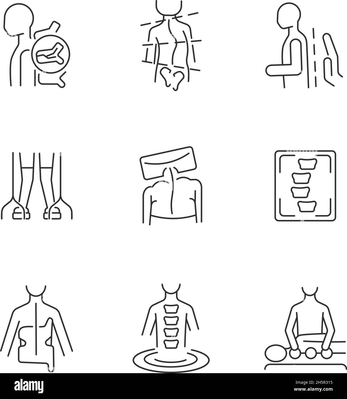 Lineare Symbole für Skoliose-Diagnose und -Behandlung gesetzt Stock ... Lineare Symbole für Skoliose-Diagnose und -Behandlung gesetzt Stock ...