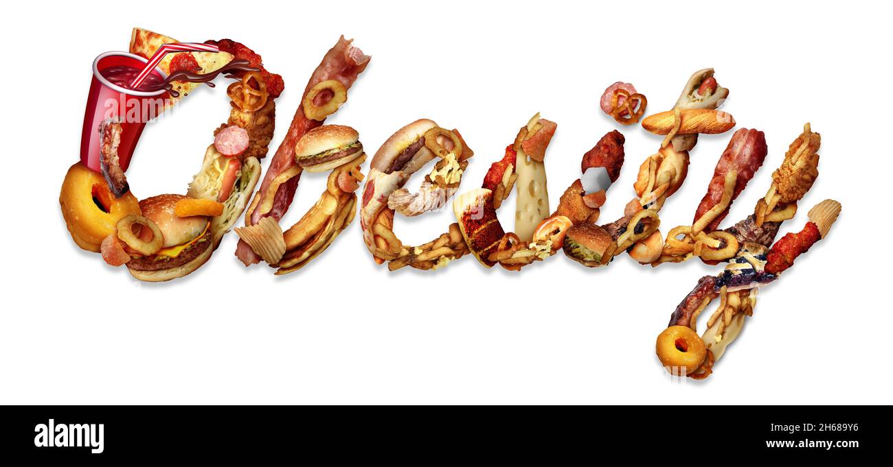 Adipositas und fettleibig Symbol als Text mit Junk-Food oder sehr ...