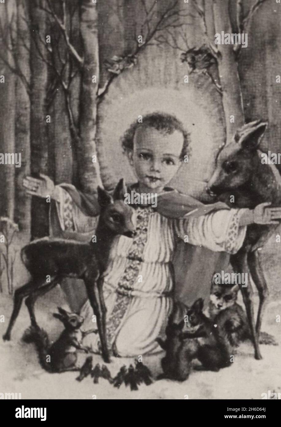 Vintage monochrome heilige Karte junger Jesus im Wald um Tiere ...