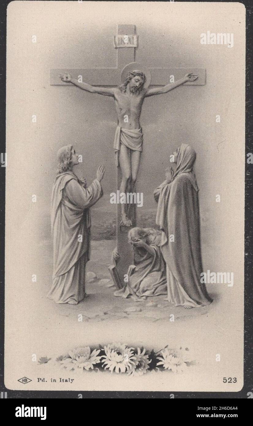 Antike monochrome heilige Karte Christus am Kreuz, / Kreuzigung Jesu / Jesus gekreuzigt. Maria ...