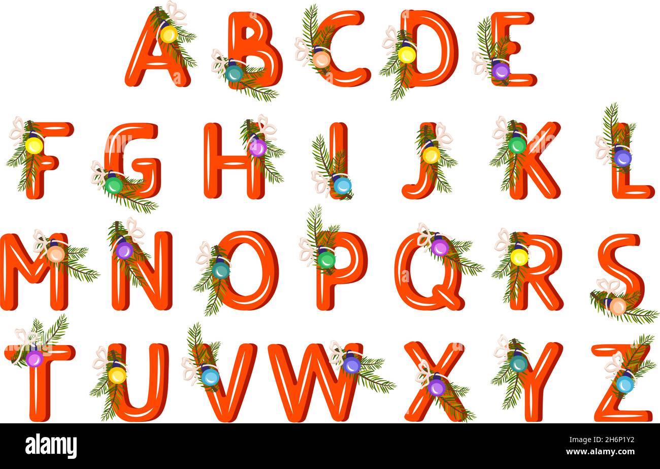 Alphabet aus roten Buchstaben mit grünem Christbaumzweig, Kugel und ...