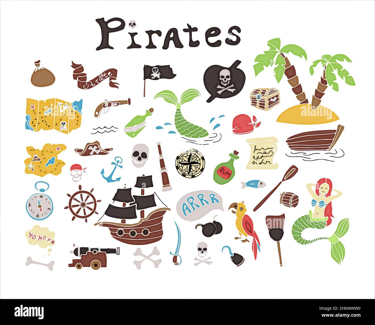 Vector Doodle Pirate Set. Eine Karte mit einer handgezeichneten Skizze ...