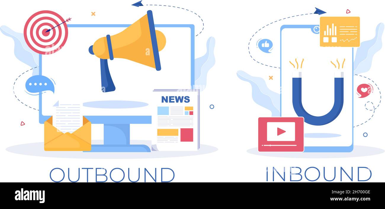 Inbound- und Outbound-Marketing-Vektor-Illustration mit Magnet- und ...