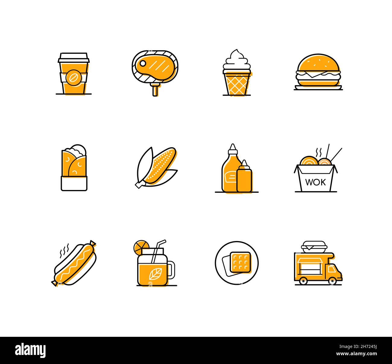 Essen und Trinken – Symbole im farbenfrohen Liniendesign. Essen zum ...