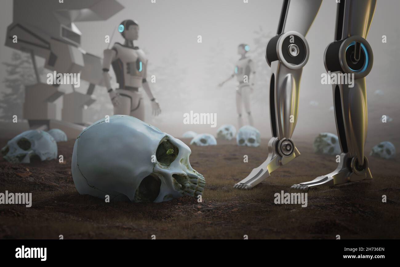 Krieg zwischen Robotern und Menschen in Zukunft. Menschliche Schädel ...