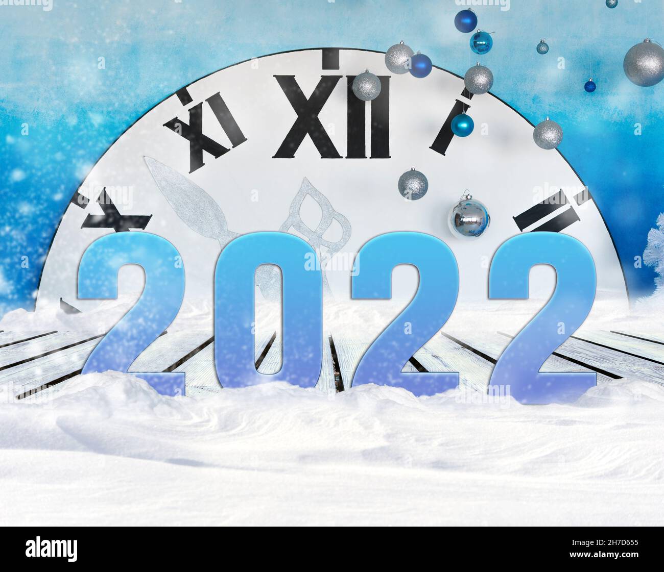Neujahr 2022, Banner Grußkarte Layout mit Schnee. Festliche Komposition ...