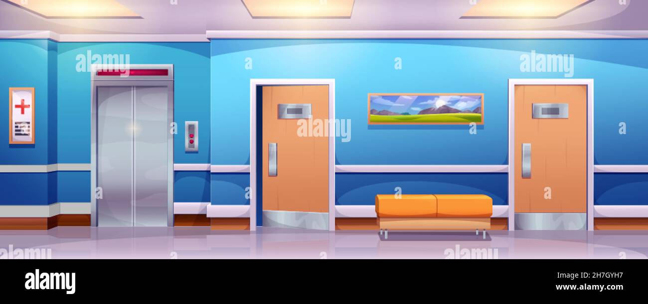 Krankenhaus Korridor Innenraum Vektor Cartoon-Illustration. Leere Halle ...