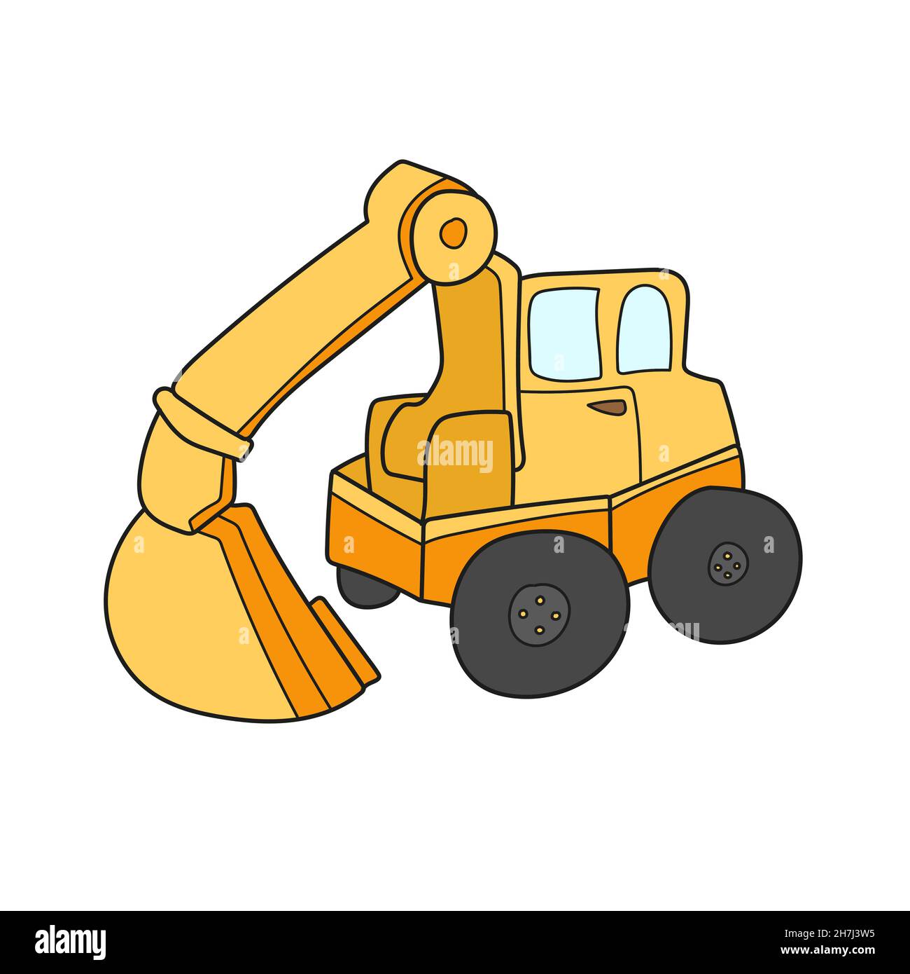 Einfaches Cartoon-Symbol. Gelber Bagger. Vektor handgezeichnete ...