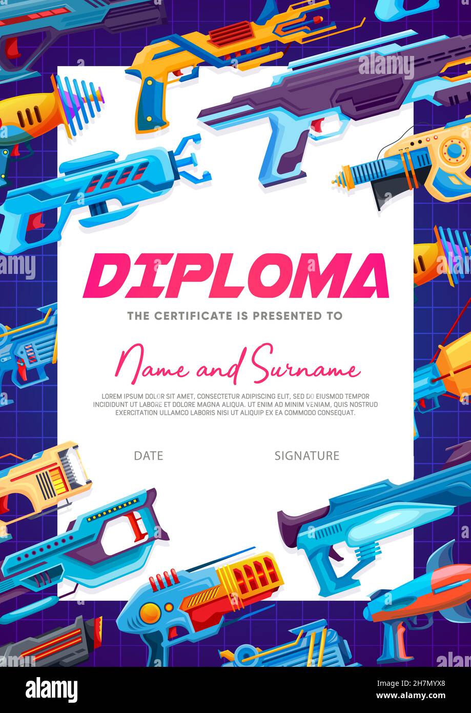 Kinder Diplom, Cartoon Pistole Blaster, Alien Handgun und Raygun Waffe Spielzeug, Vektor ...