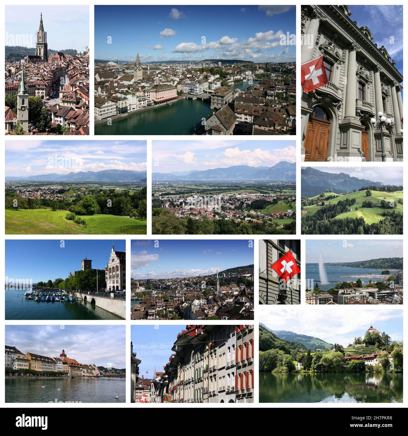 Reise-Collage aus der Schweiz. Collage umfasst berühmte Orte wie Bern ...