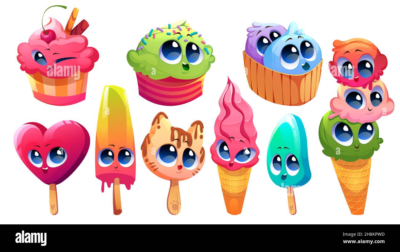 Set von niedlichen Eis Kawaii Figuren, lustige Sommer Food Emoticons ...