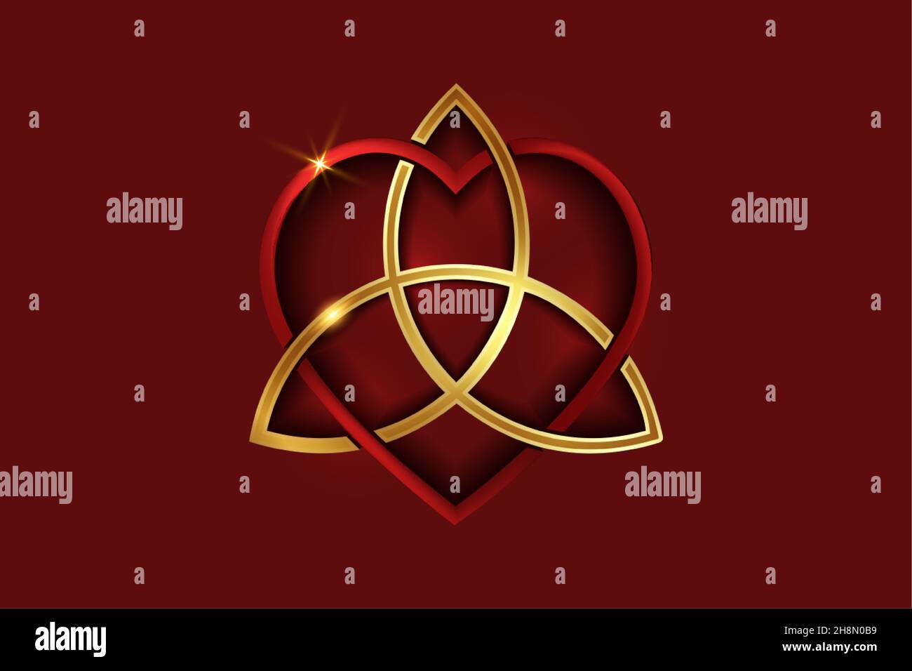 Keltischer Liebesknoten, verflochene rote Herzform und goldener ...