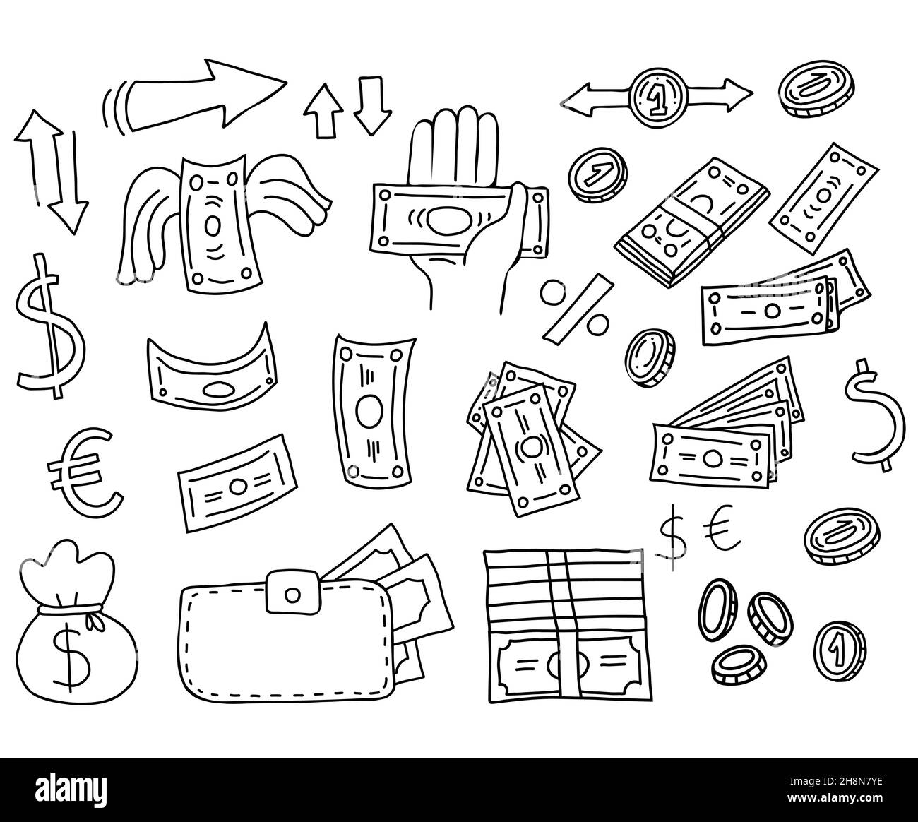 Große Geldzeichnungen. Banknoten und Scheine, Geld und Münzen, Bargeld ...