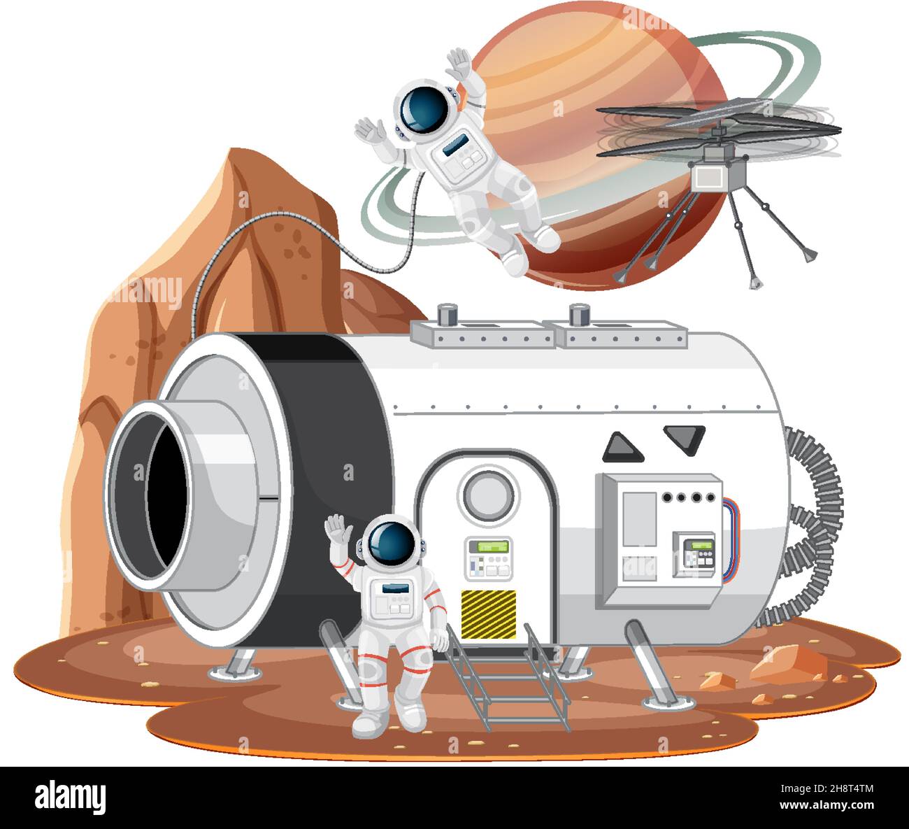 Raumstation auf dem Planeten mit Raumschiff und Astronaut-Illustration ...
