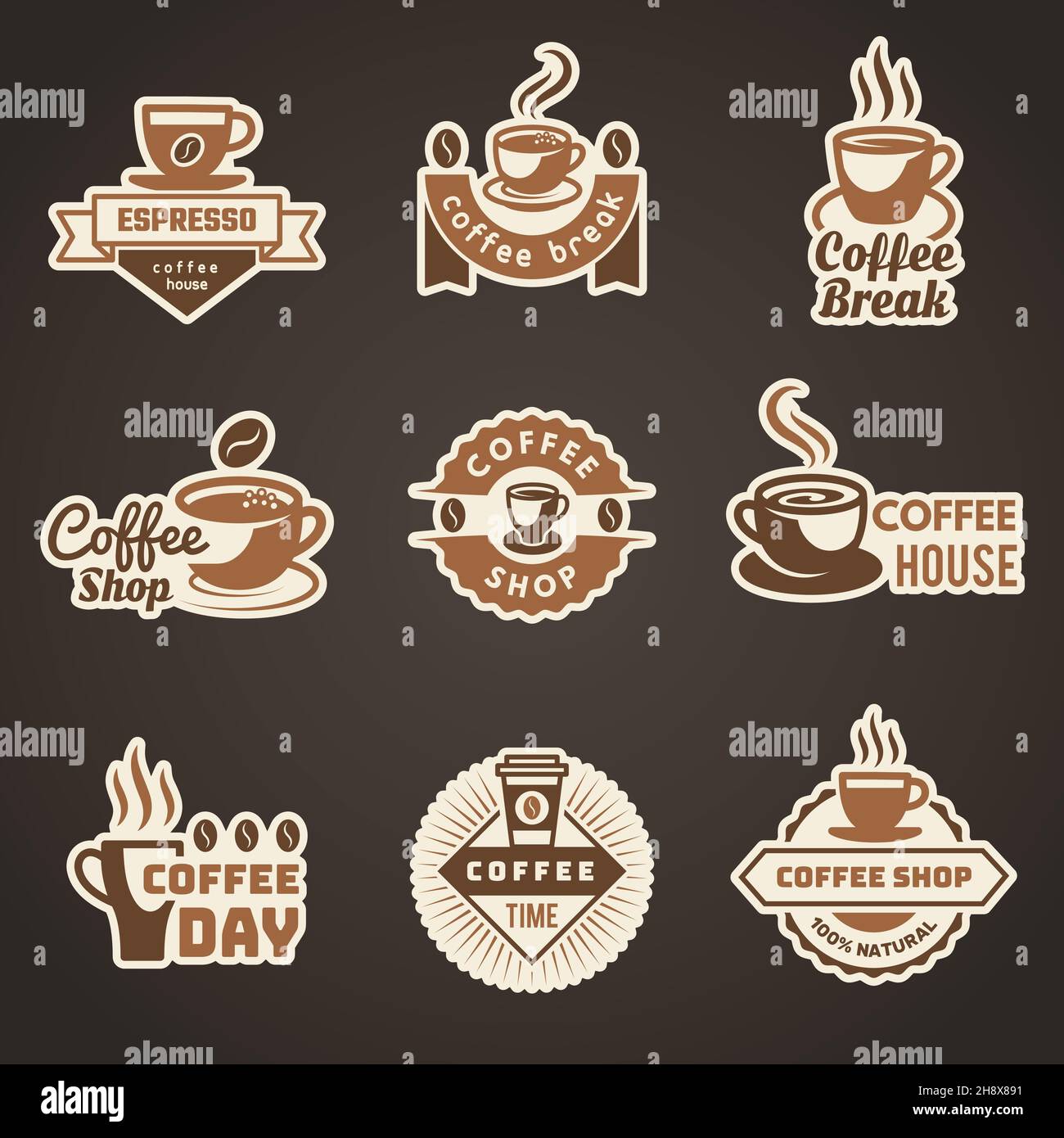 Kaffee-Logo. Tasse mit Kaffeebohnen Symbole für Logo-Design stilisierte ...