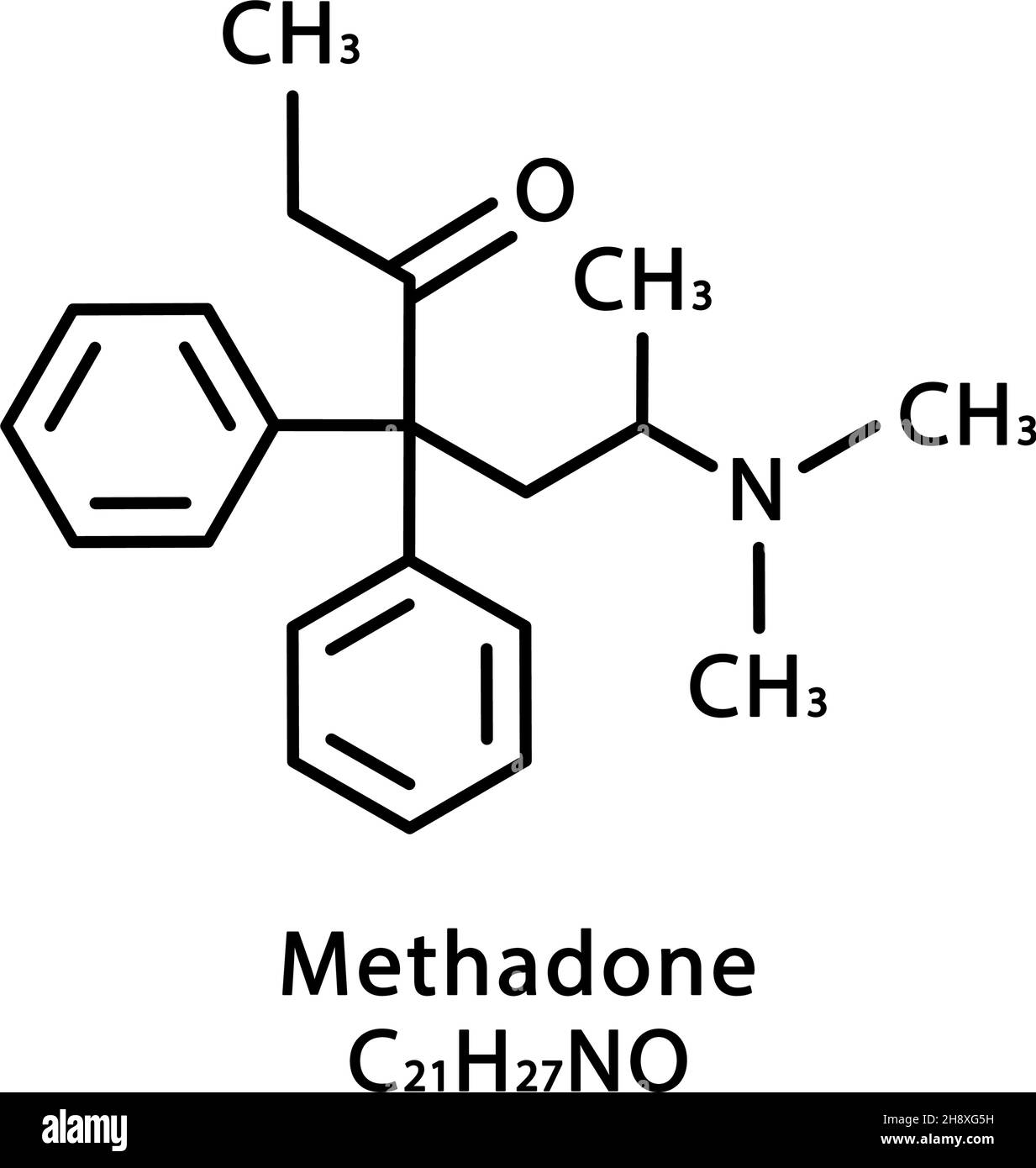 Methadon-Molekülstruktur. Methadon-Skelett-chemische Formel. Vektordarstellung der chemischen ...
