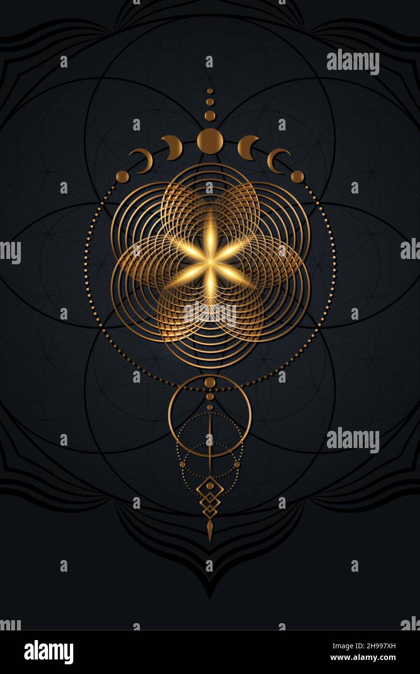 Mystische Blume des Lebens und Mondphasen, Heilige Geometrie. Goldsamen ...