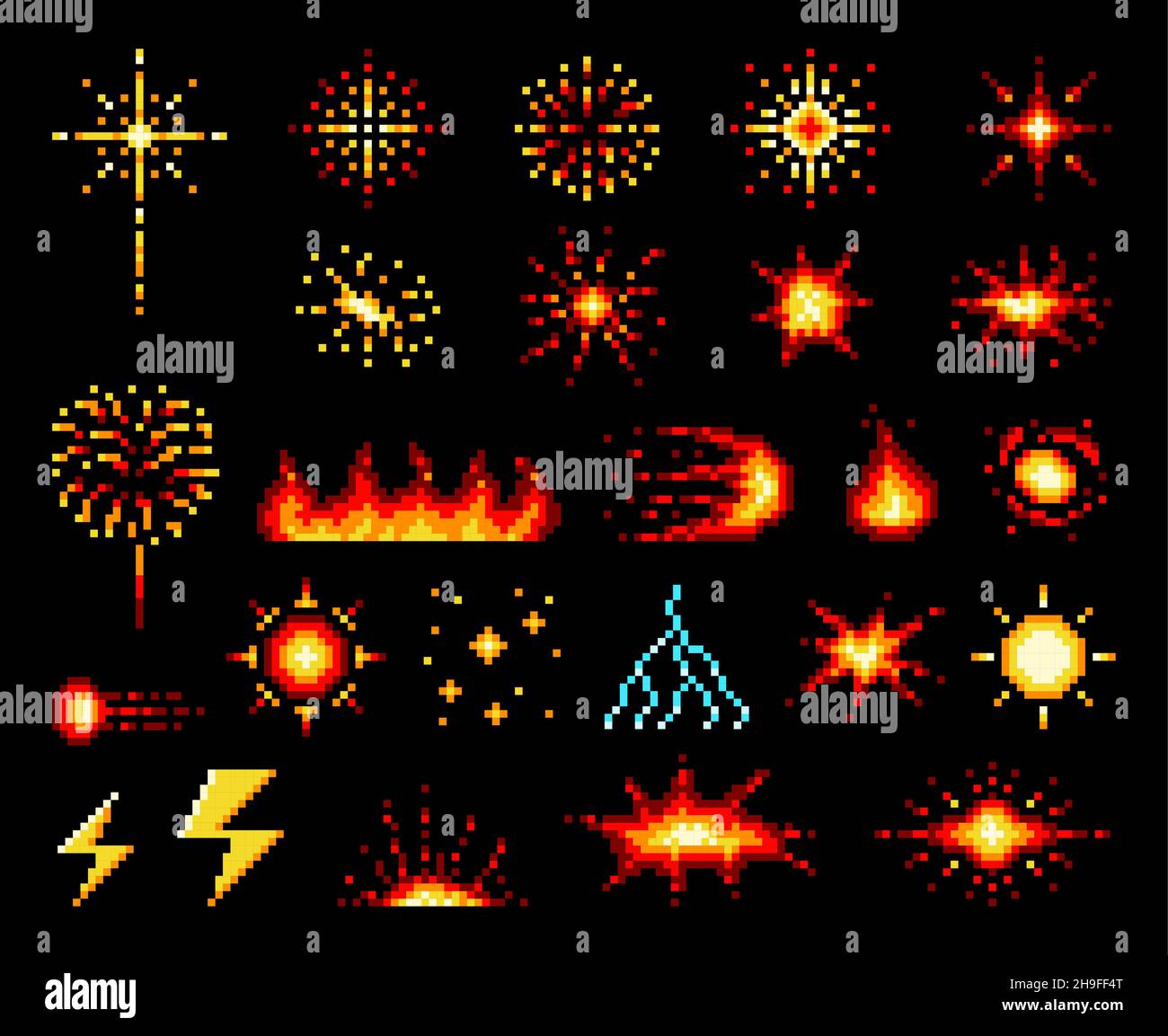 8 Bit Pixel Feuer Flammen, Explosion Feuerbälle und Burst mit Blasten oder Blitz und Feuer Blitz ...