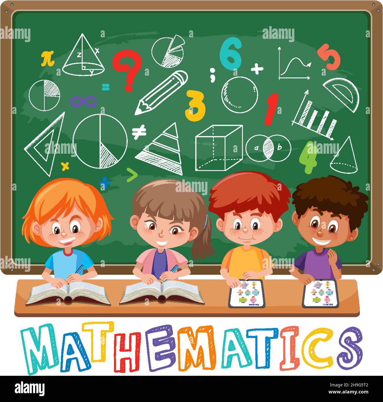 Kinder lernen Mathematik mit mathematischen Symbolen und Symbolen Stock ...