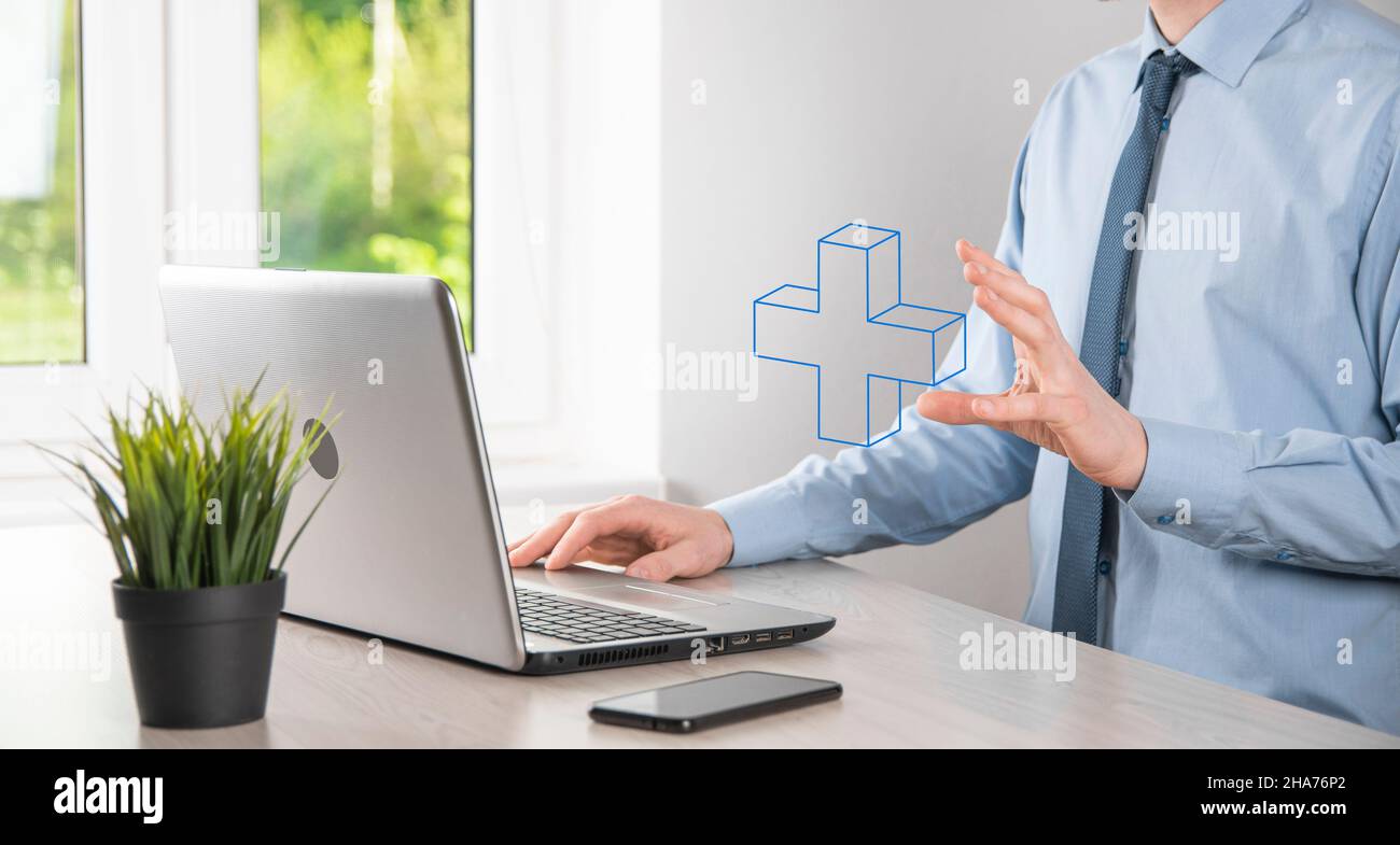 Geschäftsmann halten 3D plus Symbol, Mann halten in der Hand bieten ...