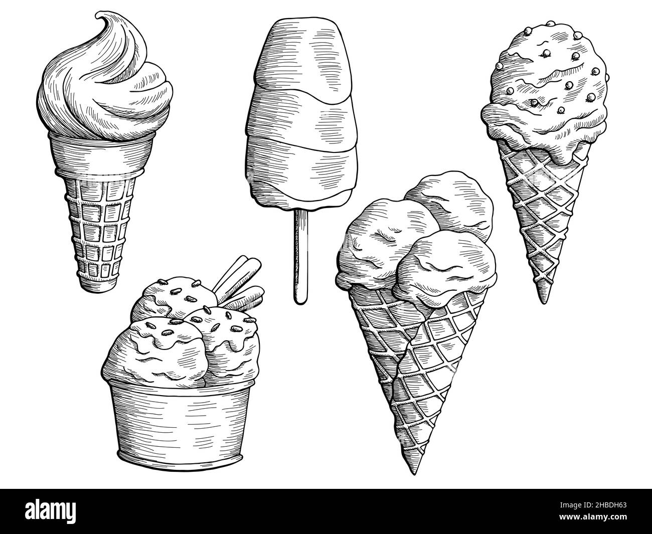 Eis Dessert Grafik schwarz weiß isoliert Set Skizze Illustration vektor ...