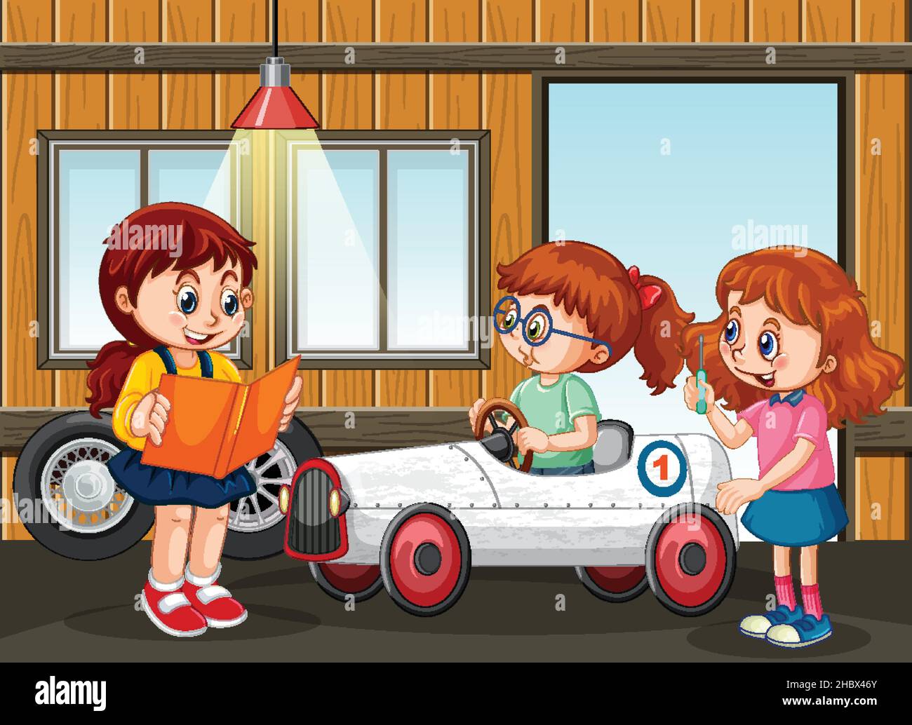 Garagenszene mit Kindern, die ein Auto zusammen befestigen Illustration ...