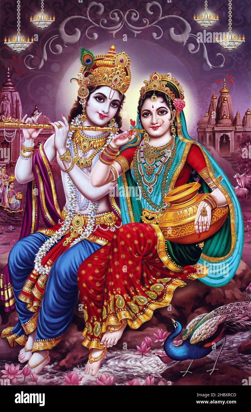 Gott Krishna Mit Radha Antikes Indisches Kalighat Gemälde Von