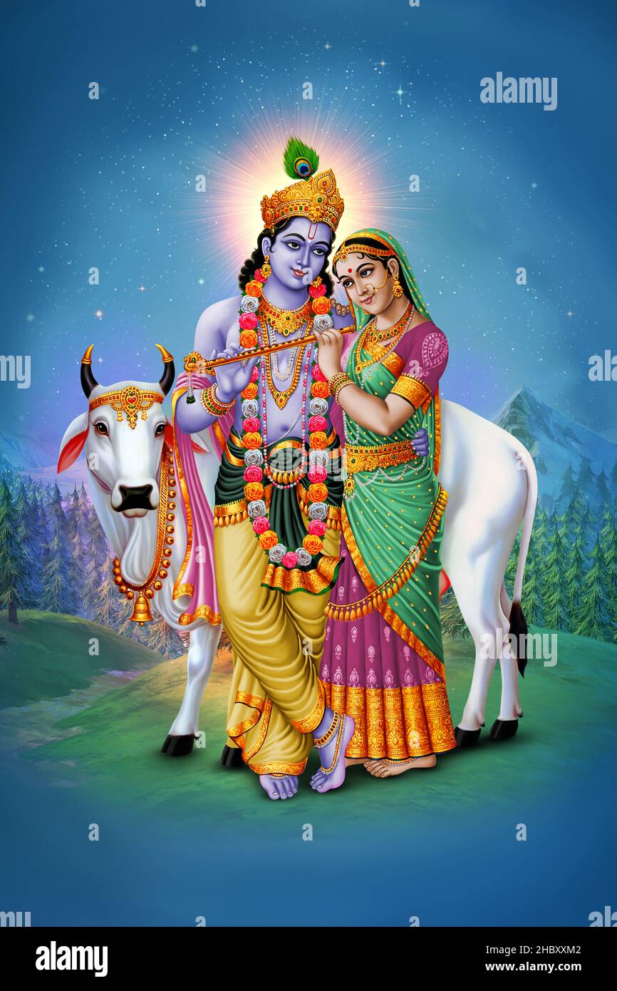 Radha Krishna mit Kuhplakat Sonnenaufgang Landschaft Hintergrund ...