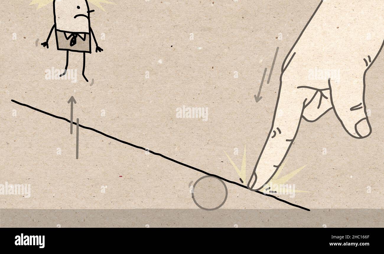 Hand gezeichnet Big Human Finger schieben auf einem Teeter-Board, und ...