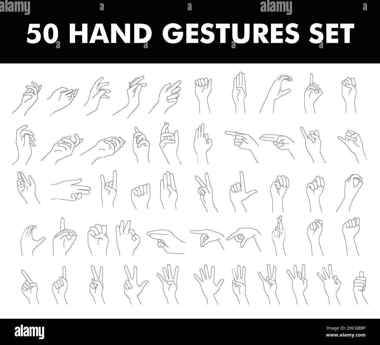 50 verschiedene Handgesten Sammlung. Finger zeigen, Hand heben, OK ...
