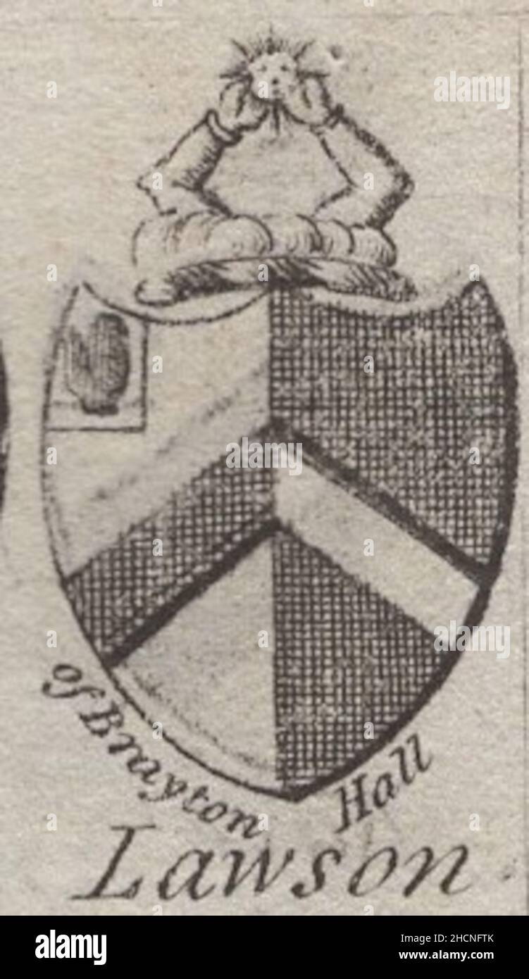Antike Gravur aus dem 18th. Jahrhundert Wappen, englisch Baronet Lawson ...