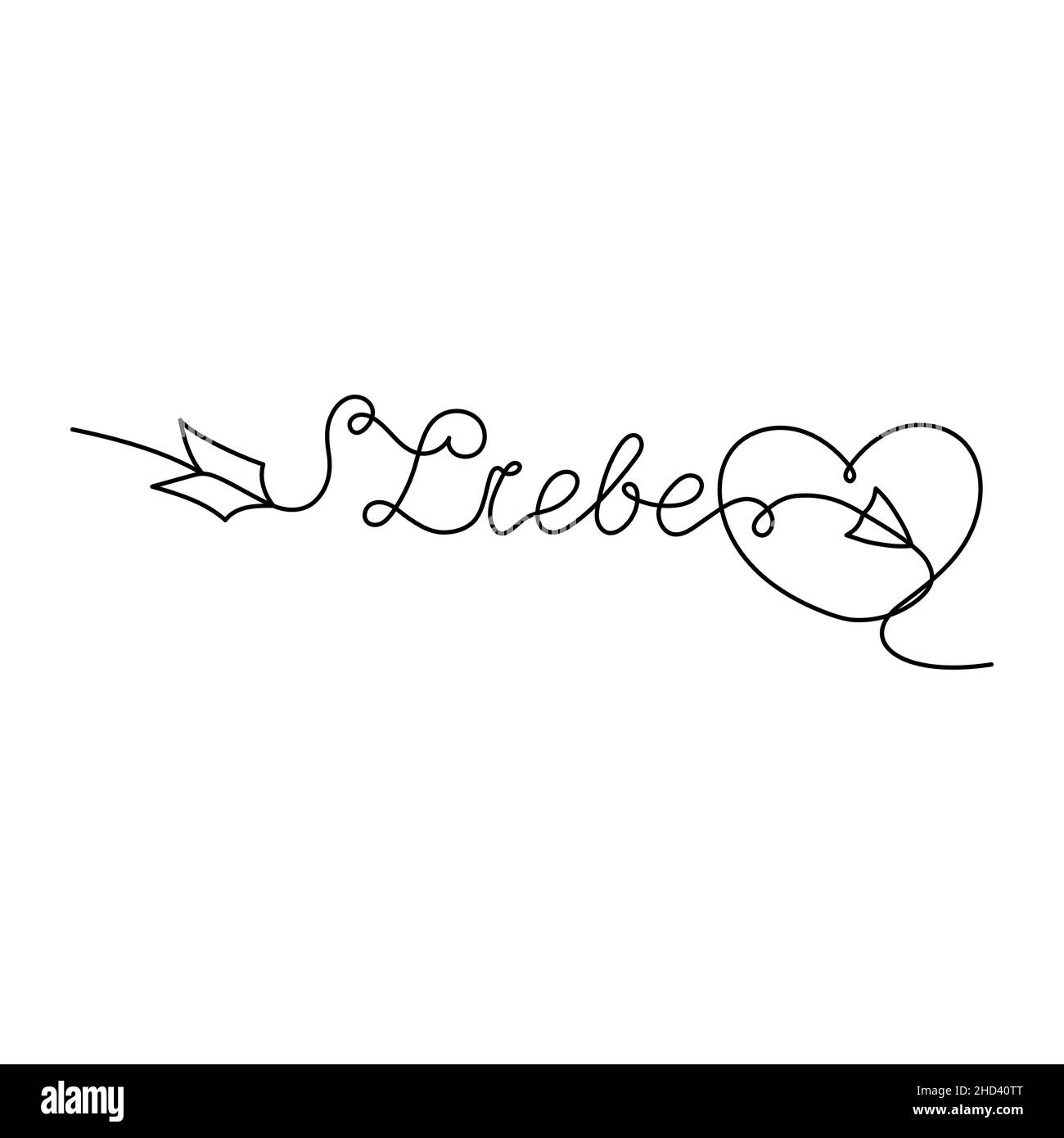 Durchgehender One Line Schriftzug Herz und Liebe in Form eines Pfeils ...