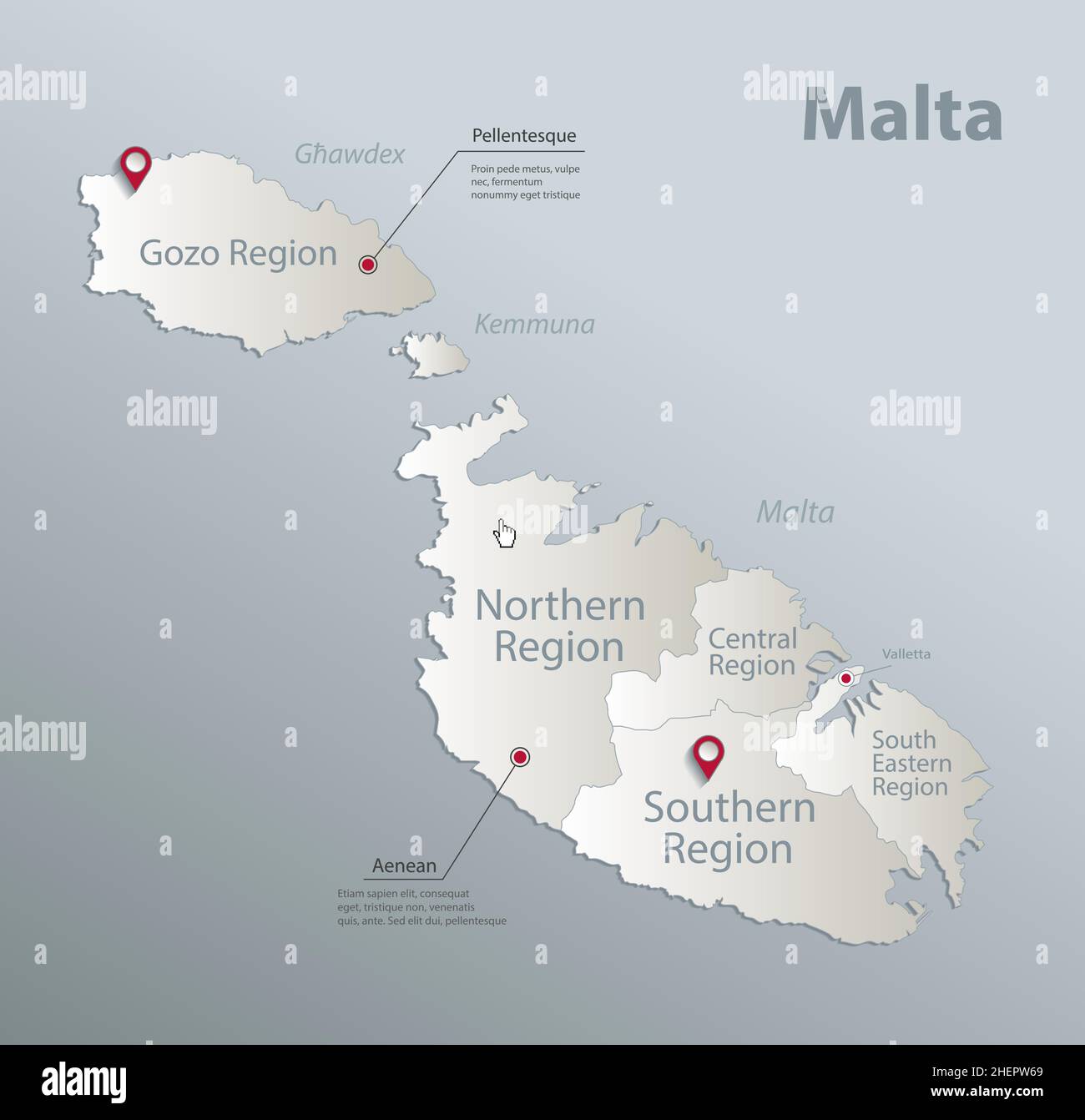 Malta Regionen Karte mit Namen, blau weiße Karte Papier 3D Vektor Stock ...