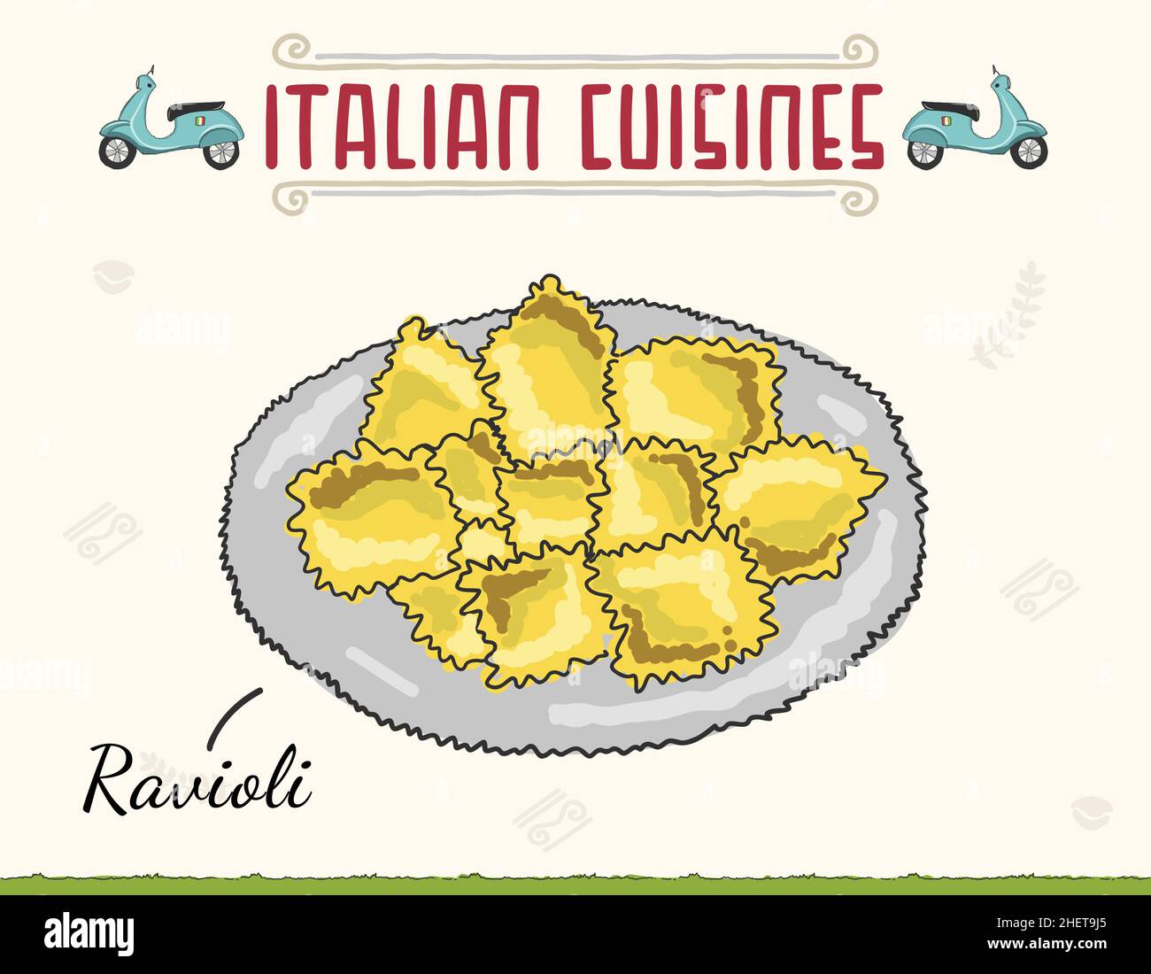 Ravioli gedämpfte Pasta auf dem Teller. Abzeichen der italienischen ...
